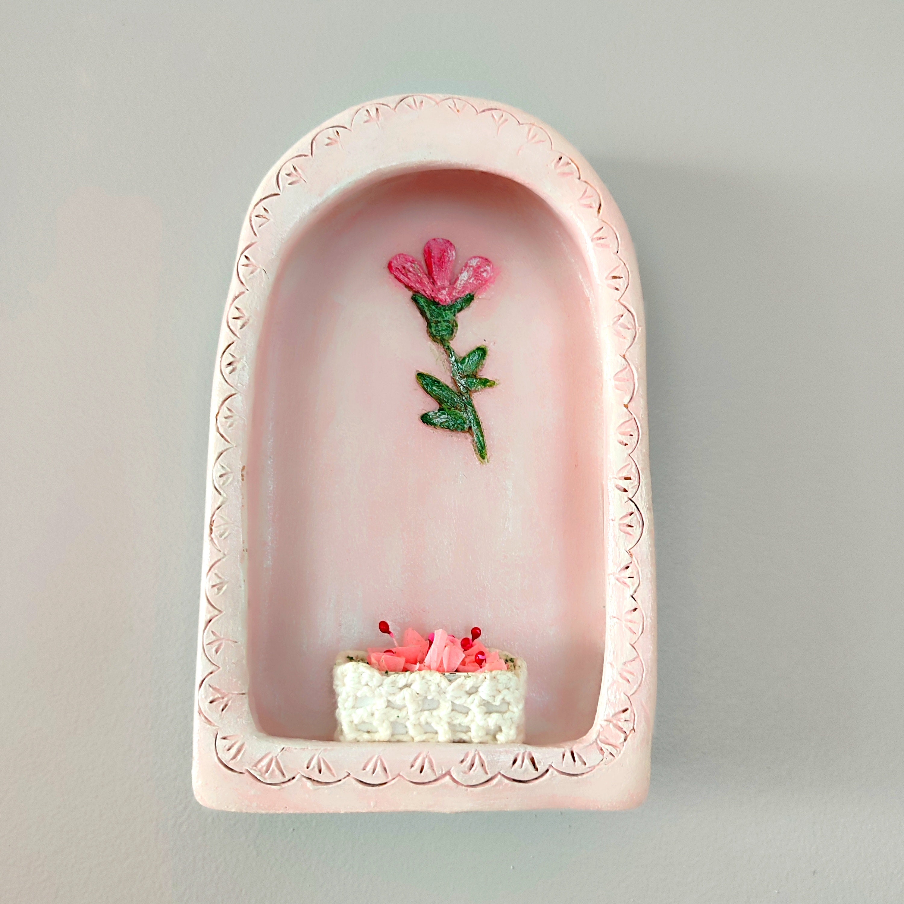 Handmade Pink Clay Ceramic Hanging Wall Shelf, Altar Shrine W Flowers ...