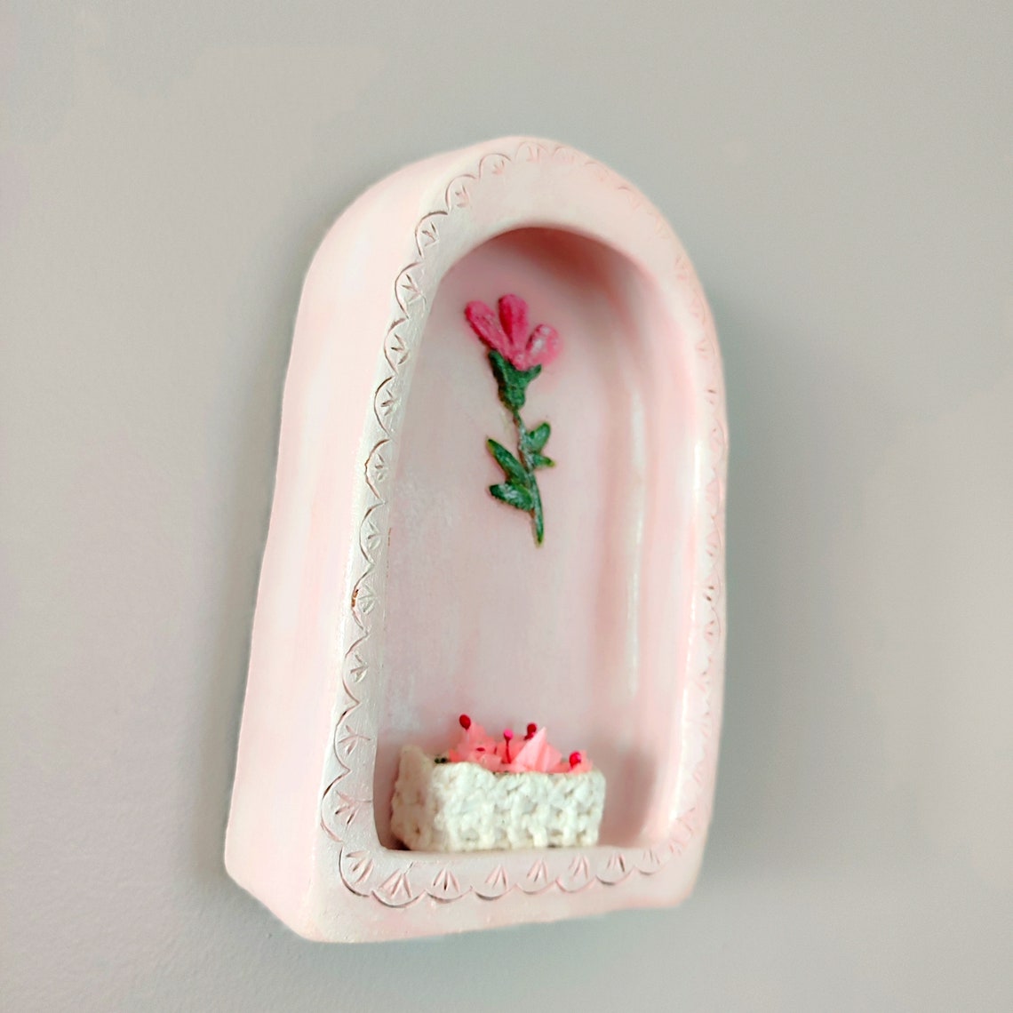Handmade Pink Clay Ceramic Hanging Wall Shelf, Altar Shrine W Flowers ...