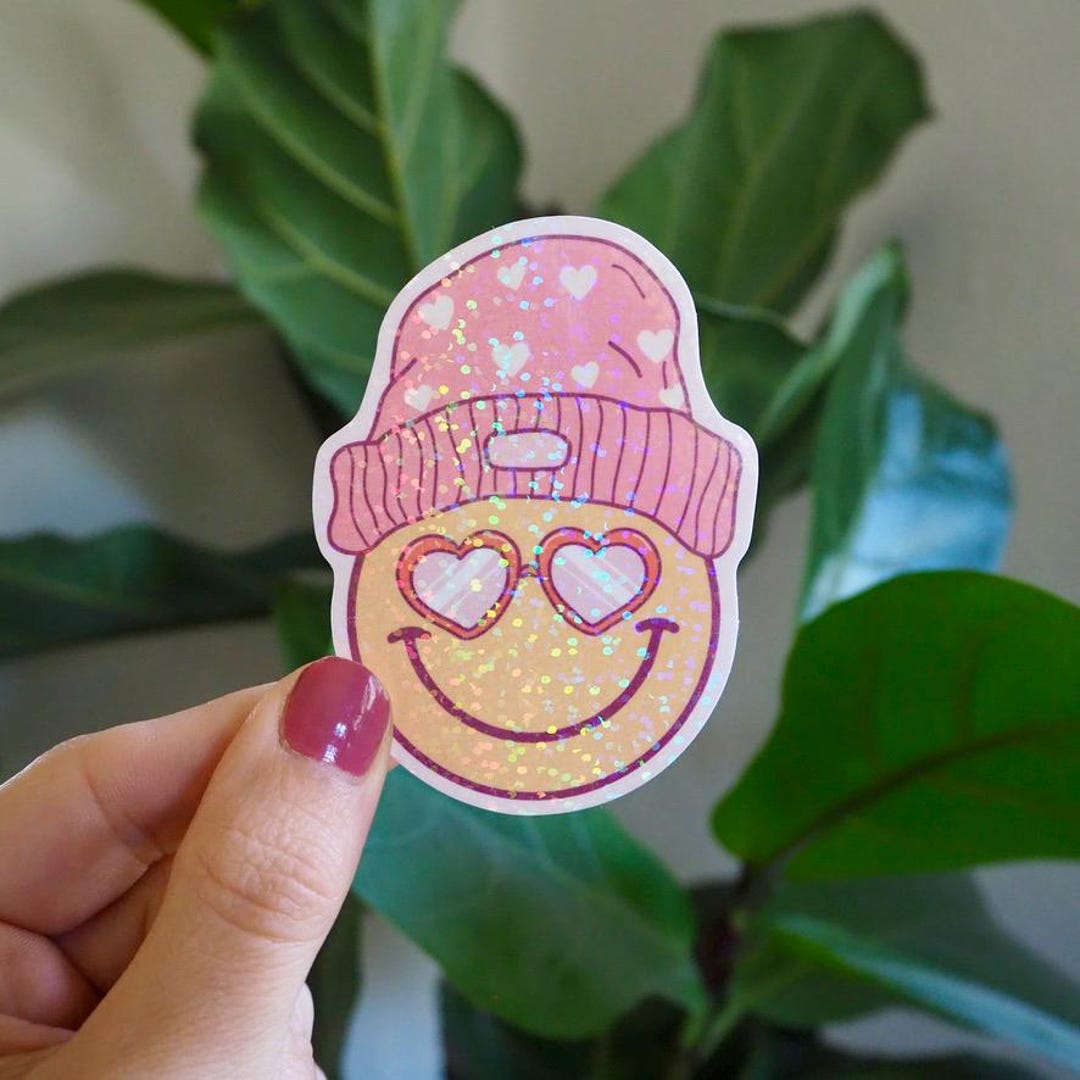 Smiley Face Sparkle Sticker, Glitter Smiley Face, Pink Beanie Smiley ...