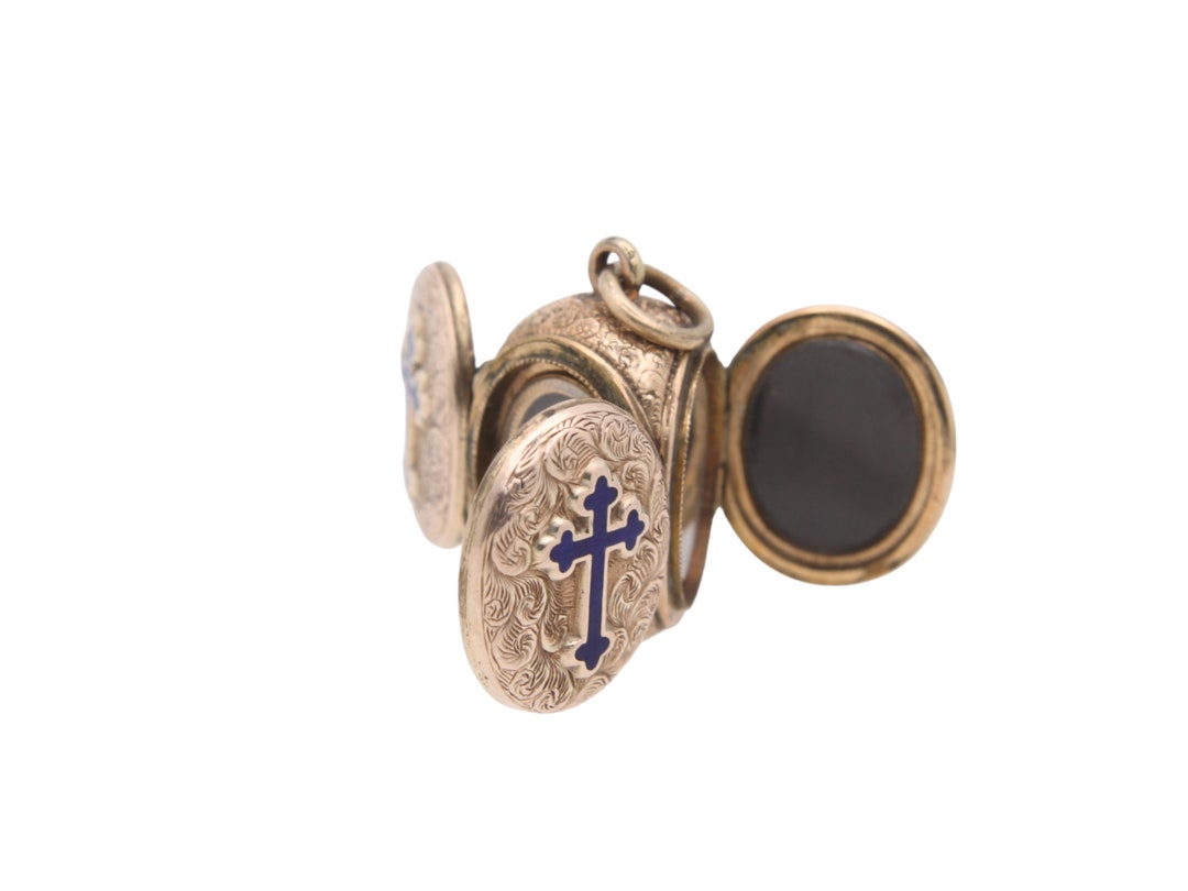 Antique 9ct Gold Blue Enamel Cross Triple Locket Pendant - Etsy