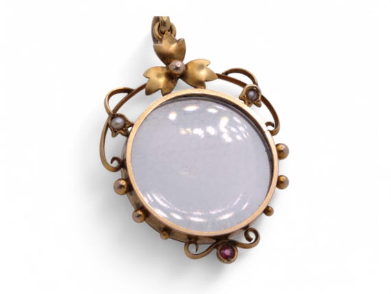 Antique 9ct Gold Pearl & Ruby Open Face Locket - Gem