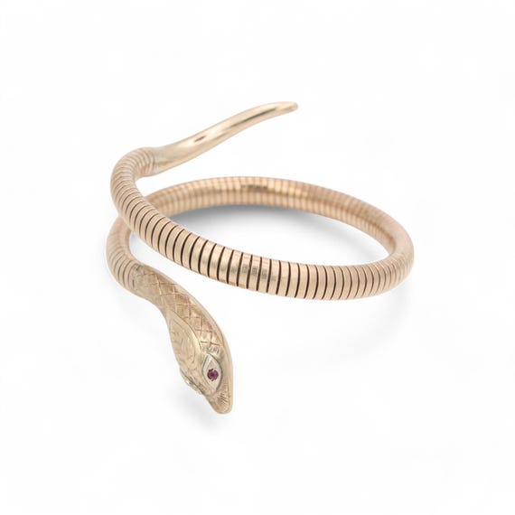 Vintage 9ct Gold Ruby Snake Bangle, 1960 - Gem