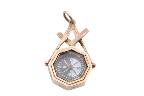 Antique 9ct Rose Gold Masonic Compass Fob Pendant - Gem