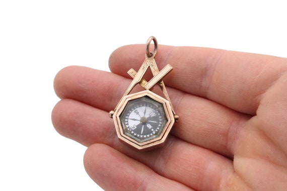 Antique 9ct Rose Gold Masonic Compass Fob Pendant - Gem
