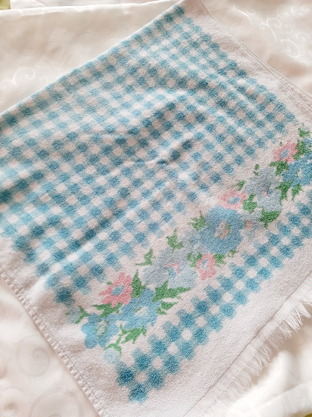 Vintage Towel Sweet Blue Checkered and Floral Towel. Hand Towel - Etsy