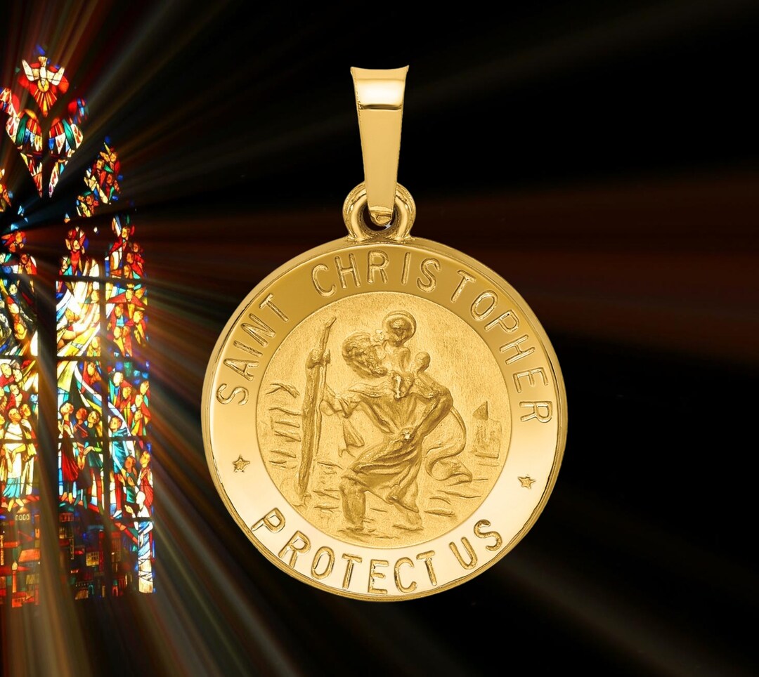 St Christoper Medal Pendant Round Satin Christopher in 14K Yellow and ...