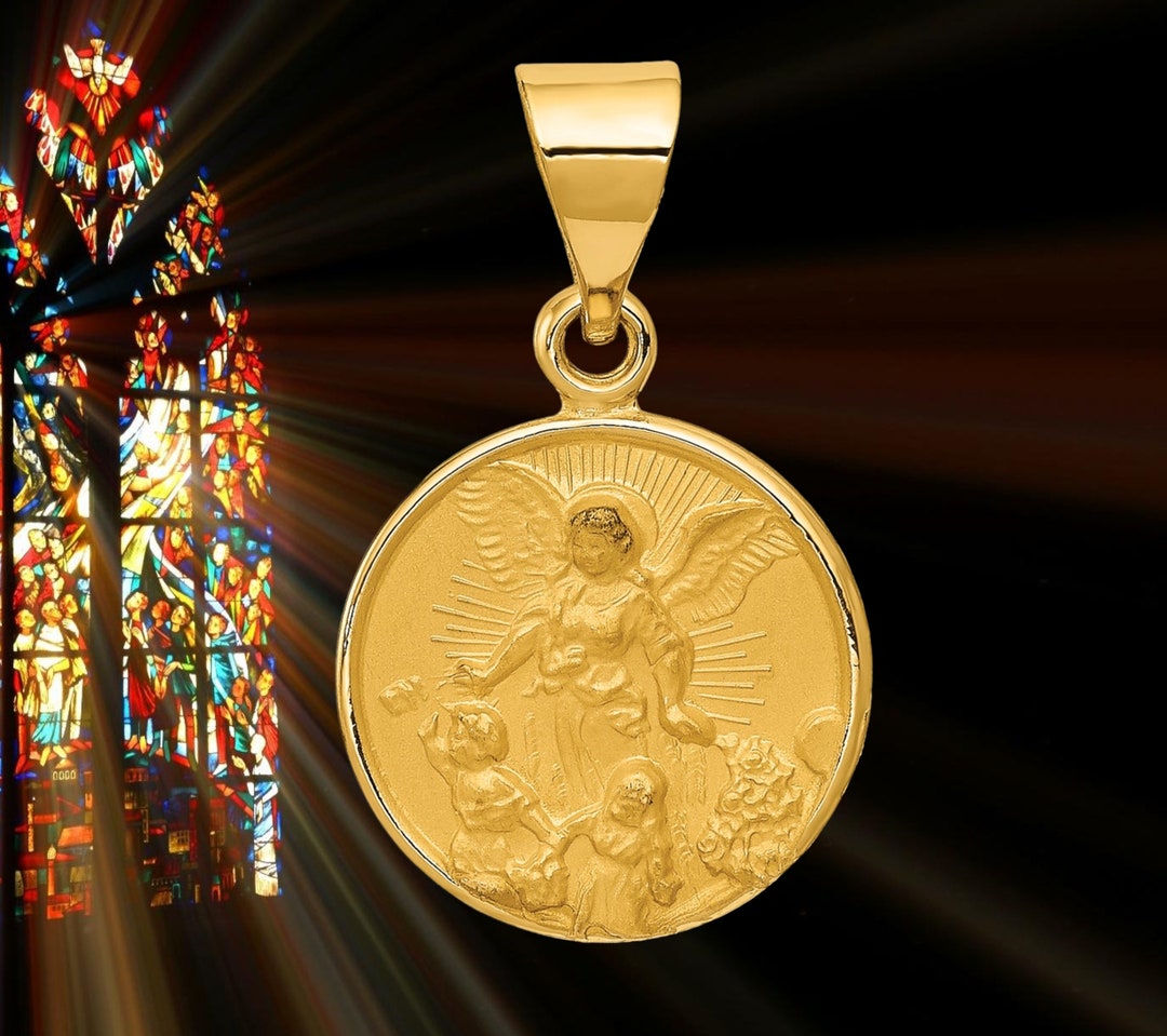 Solid 18K Gold Guardian Angel Medal Pendant - Etsy