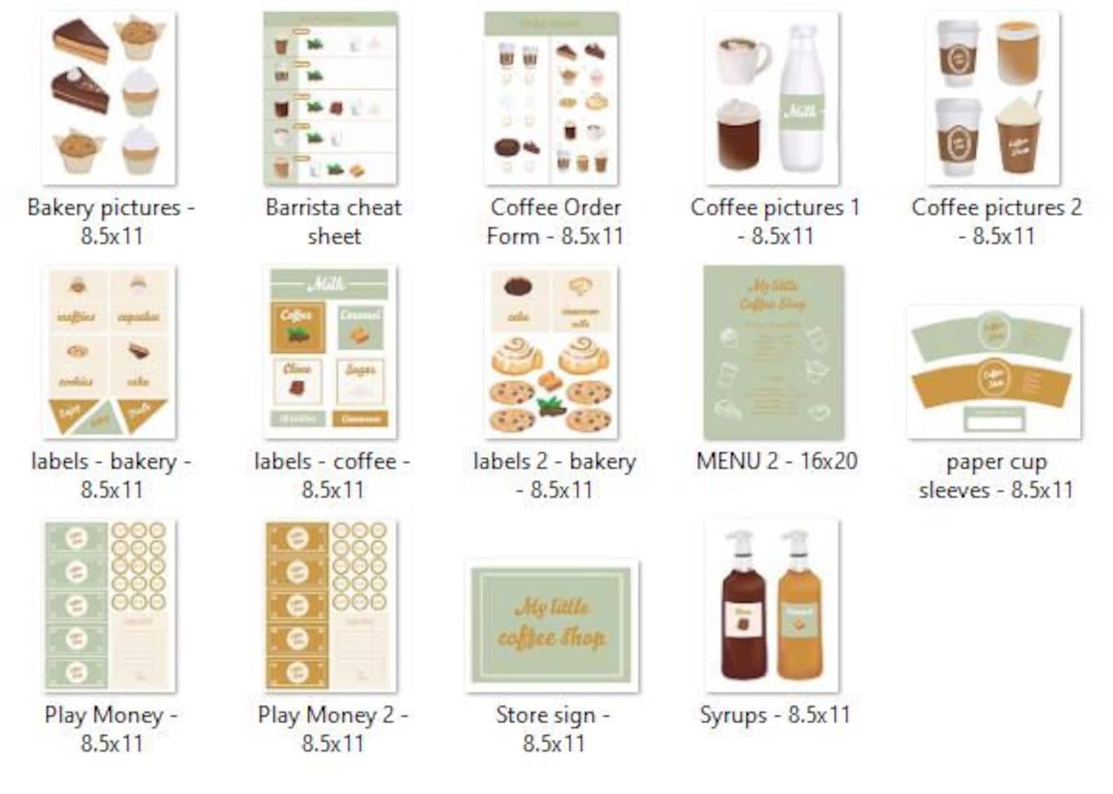 Dramatic Play Coffee Shop Printables for Kids Green | Etsy