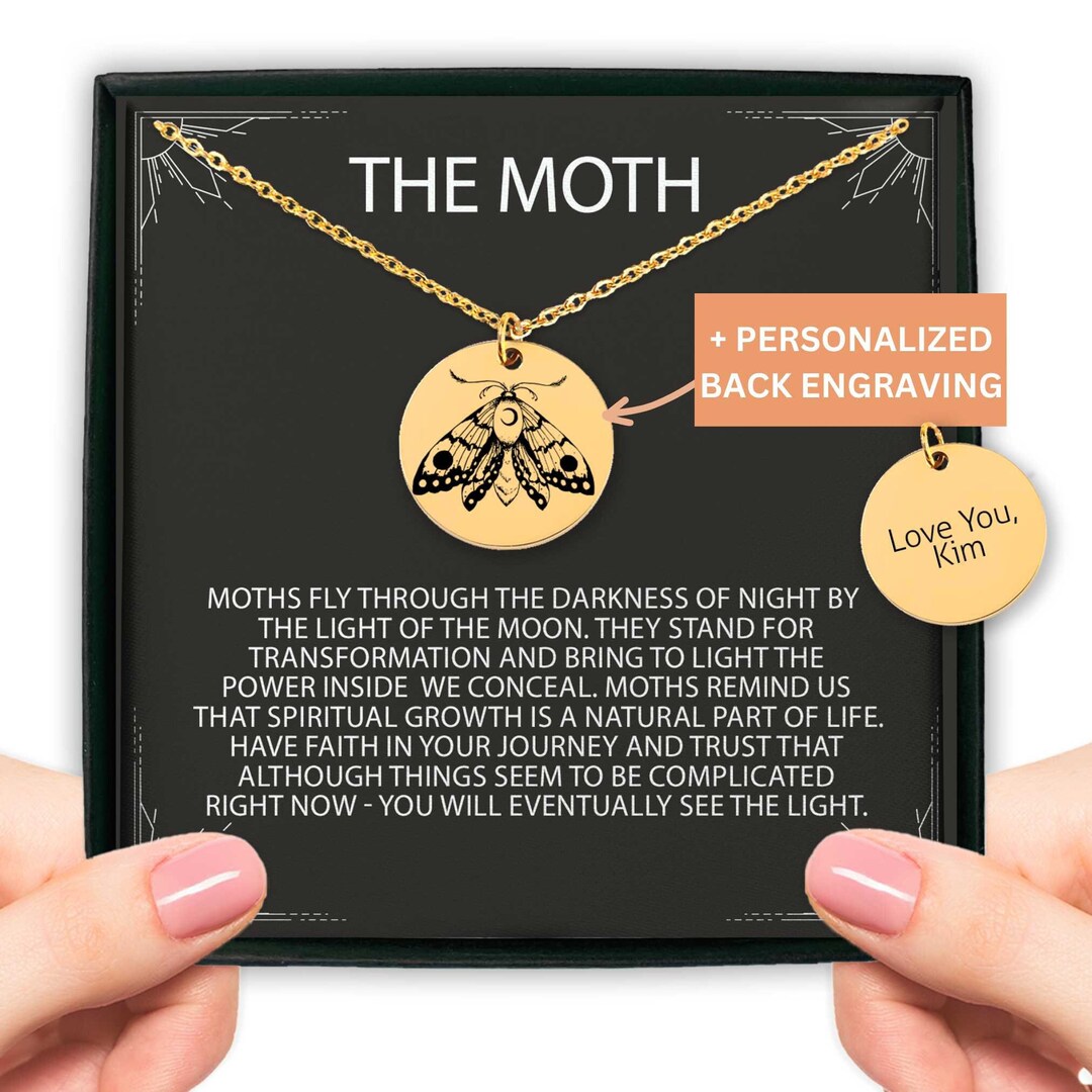 Custom MOTH Necklace, Personalized Moth Pendant, Dainty Moon Moth Disc ...