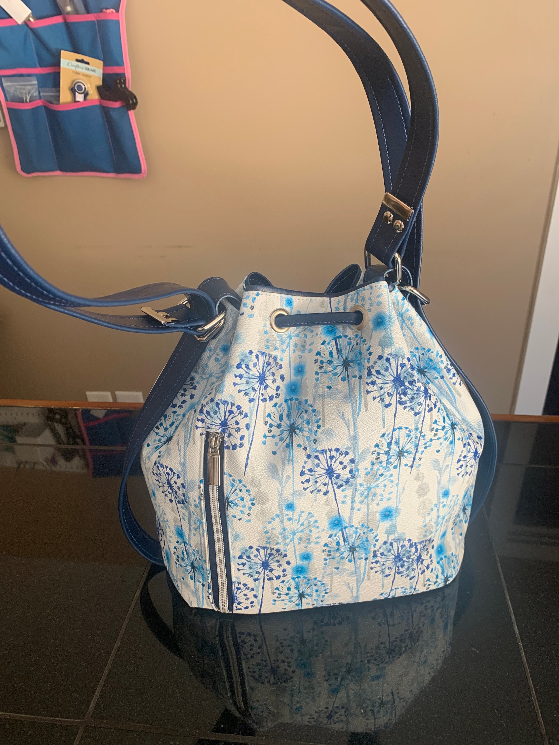 Blue and White Print Cinched Bucket Bag - Etsy
