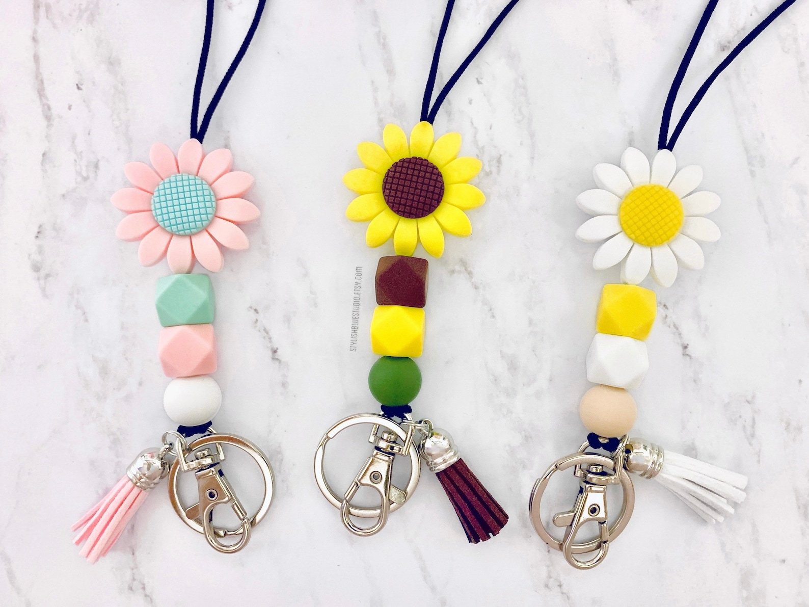 Spring Flowers ID Badge and Keys Lanyard | Sunflower Necklace | Beaded ...
