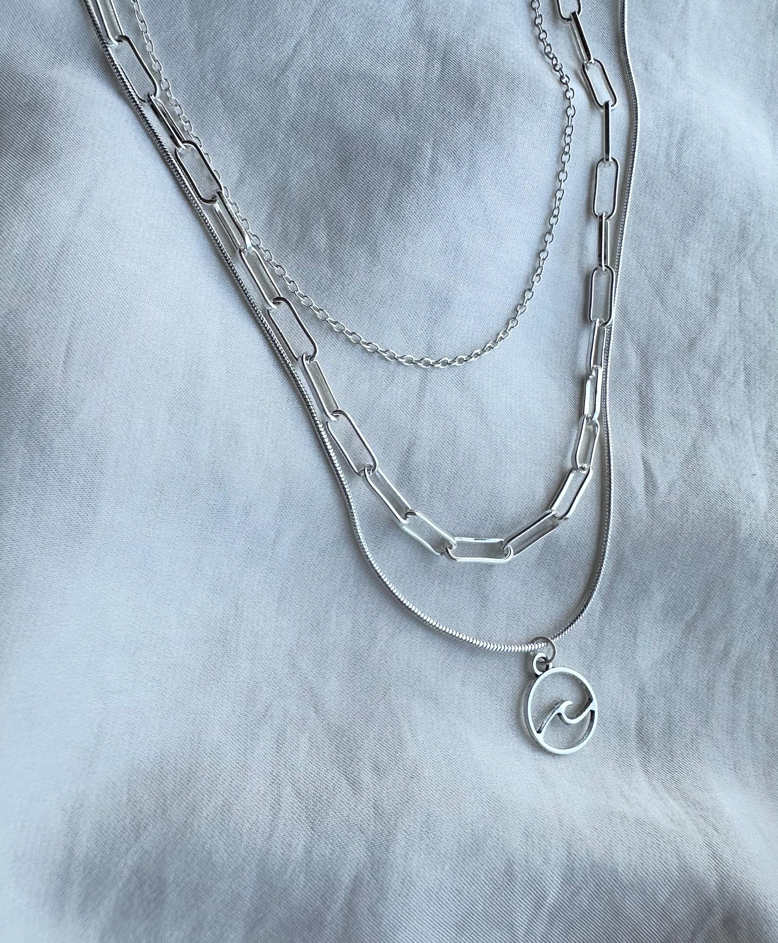Three Layered Silver Necklace Set- Coastal Ocean Wave-minimalist- Multi ...