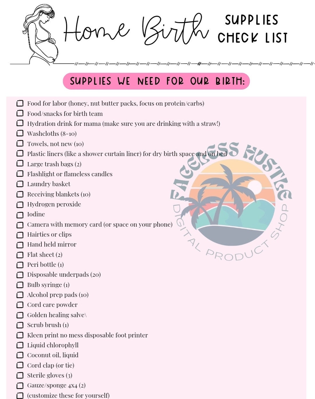 Home Birth Checklist, Printable Checklist, Editable Home Birth Prep ...