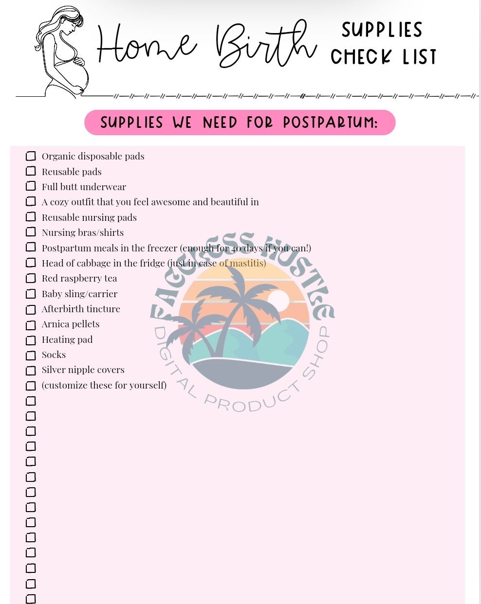 Home Birth Checklist, Printable Checklist, Editable Home Birth Prep ...