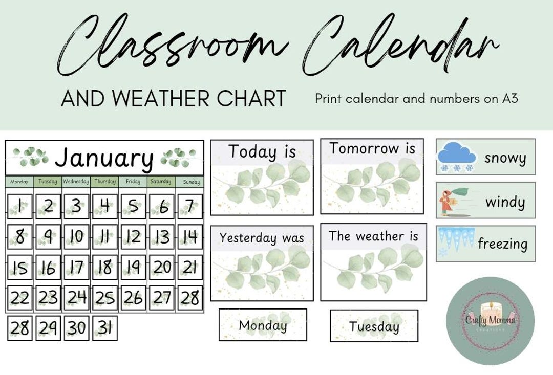 Printable Classroom Calendar & Weather Chart Monthly Calendar With ...