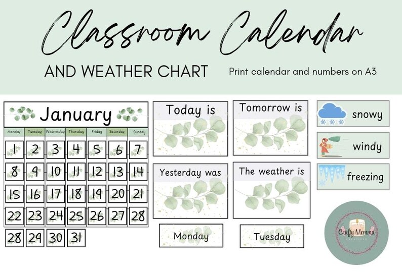 Printable Classroom Calendar & Weather Chart Monthly Calendar With ...