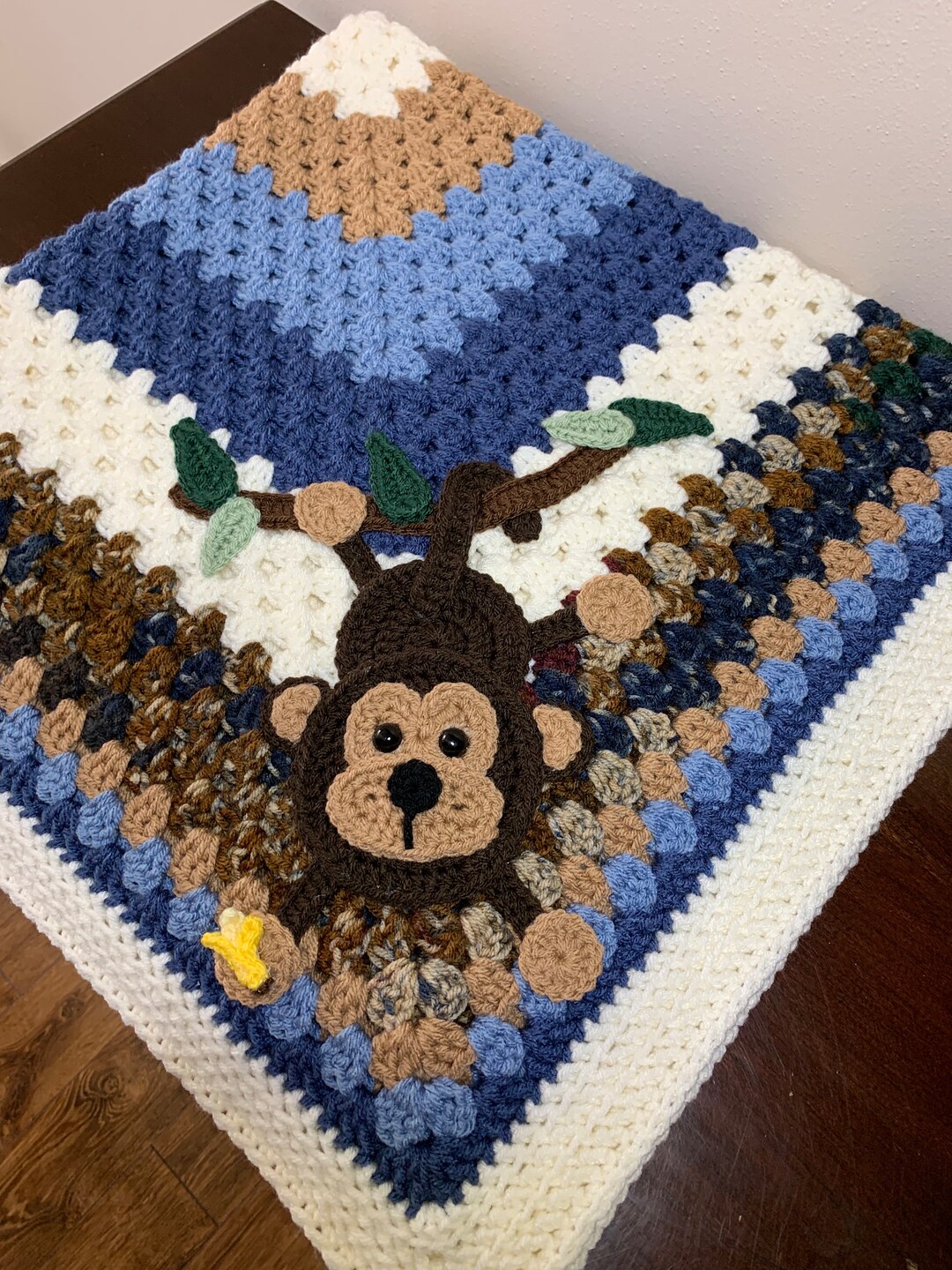Handmade Crocheted Baby Blanket With Monkey Design, 40x40'' or 32x32 ...