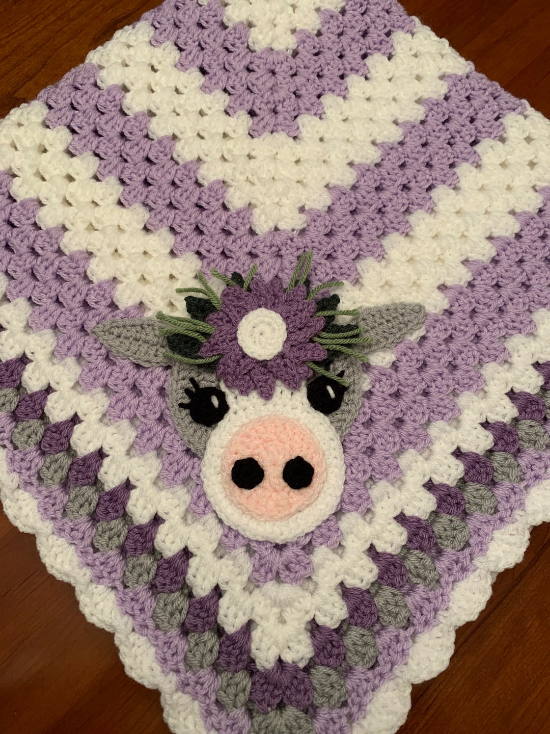 Handmade Crocheted Baby Blanket With Cute Cow Face Design, 40x40'' or ...
