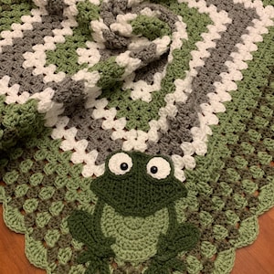 Handmade Crocheted Baby Blanket With Frog Applique Design, 40x40'' or ...