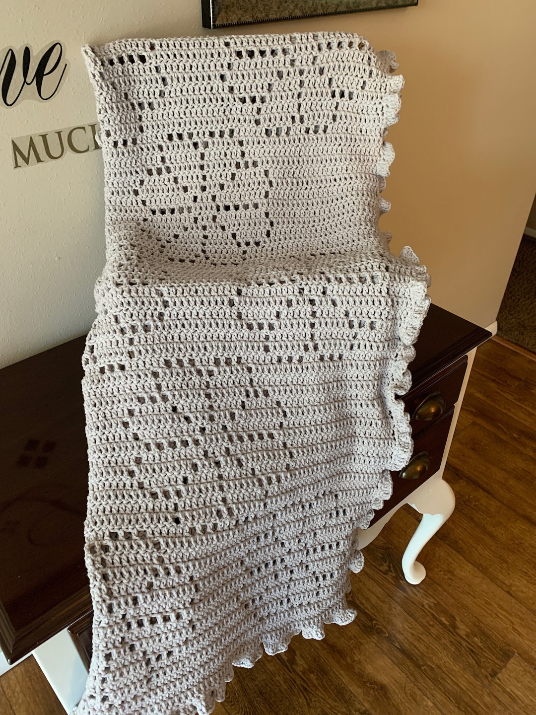 Filet Crochet Greige Baby Girl Blanket With Flower Design, Unique Baby ...