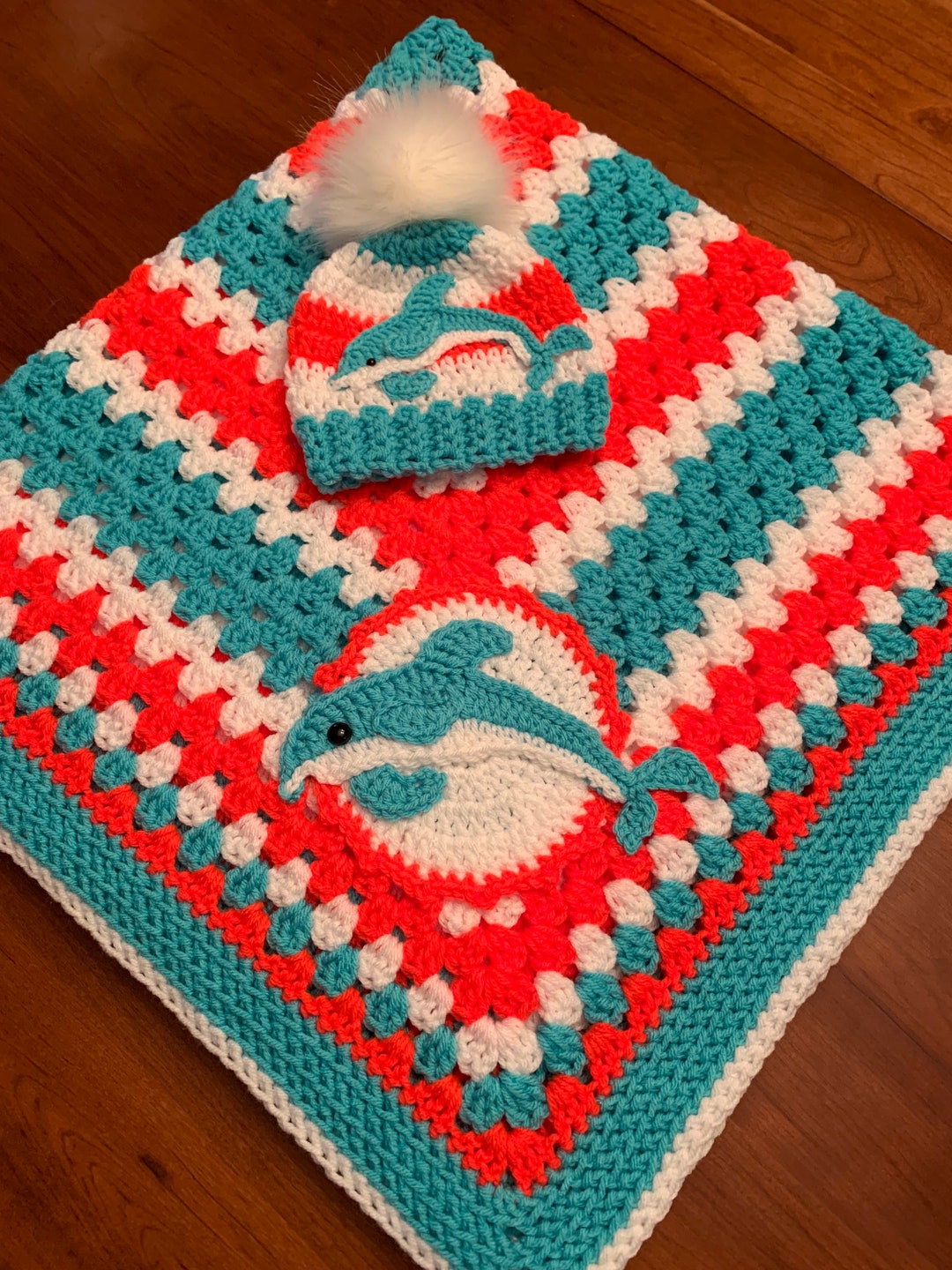 Crochet Baby Blanket,40x40”32x32" Miami Dolphins Inspired Handmade Baby ...
