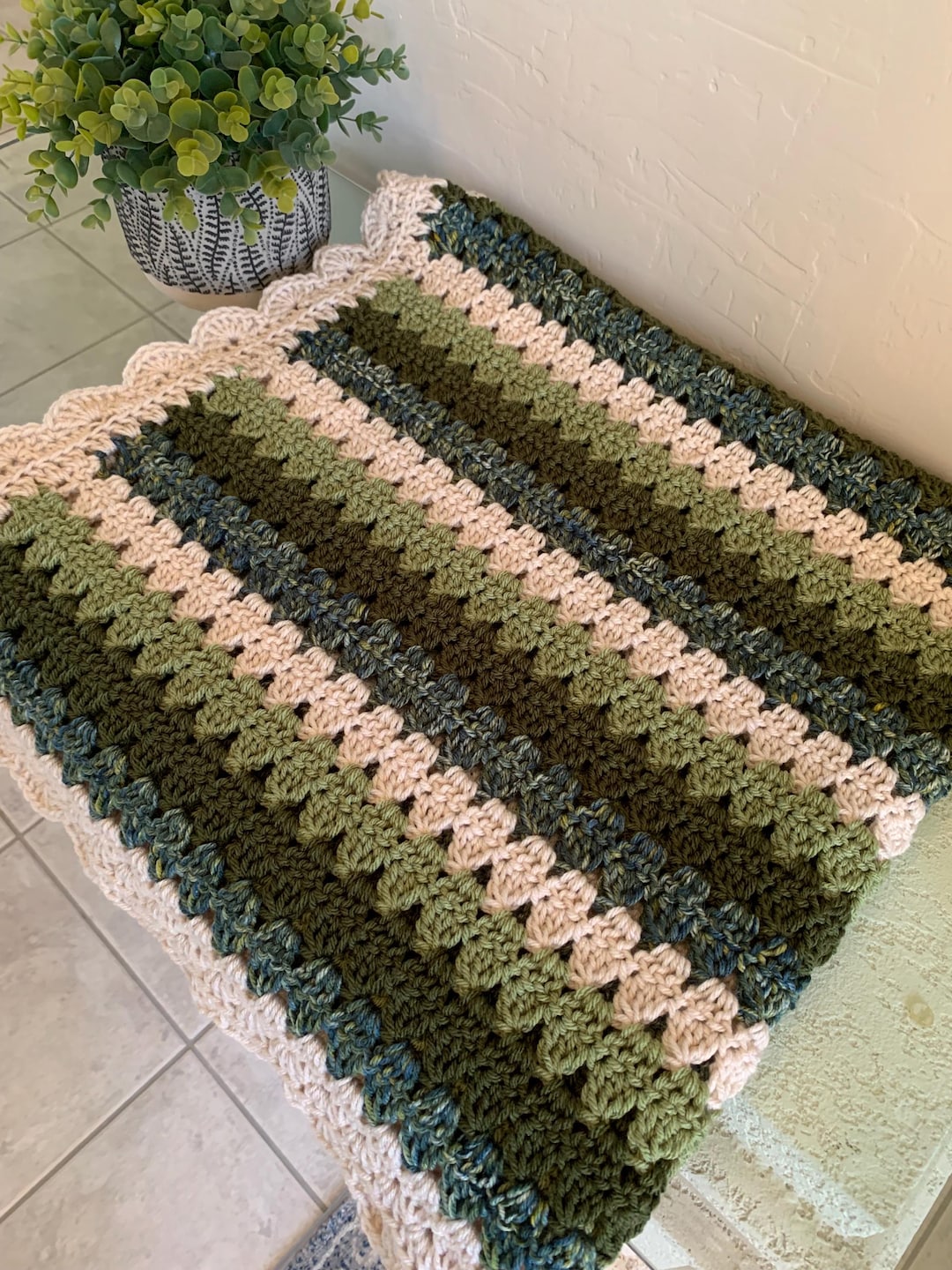 Handmade Crochet Baby Blanket • Neutral Green Striped Throw (40x42) - Etsy