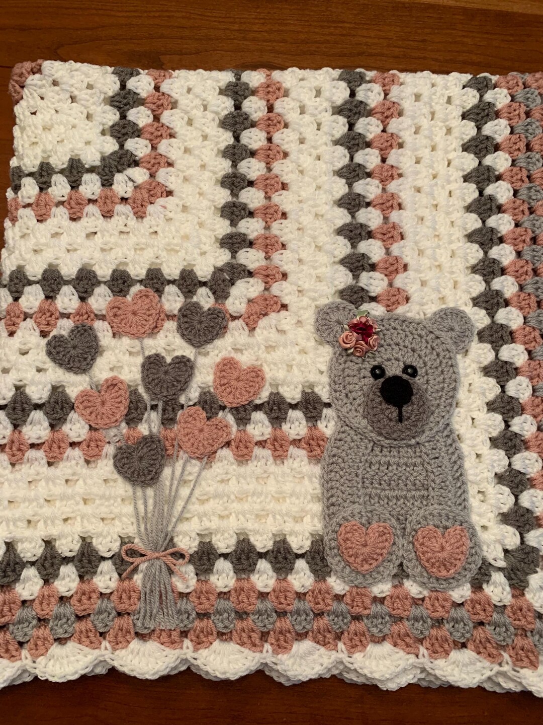 Handmade Crocheted Baby Blanket With Gray Bear With Heart Balloons ...