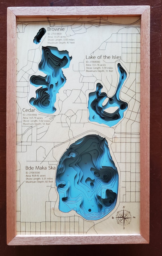 Minneapolis Chain of Lakes Baltic Birch Bathymetric 3d Map | Etsy