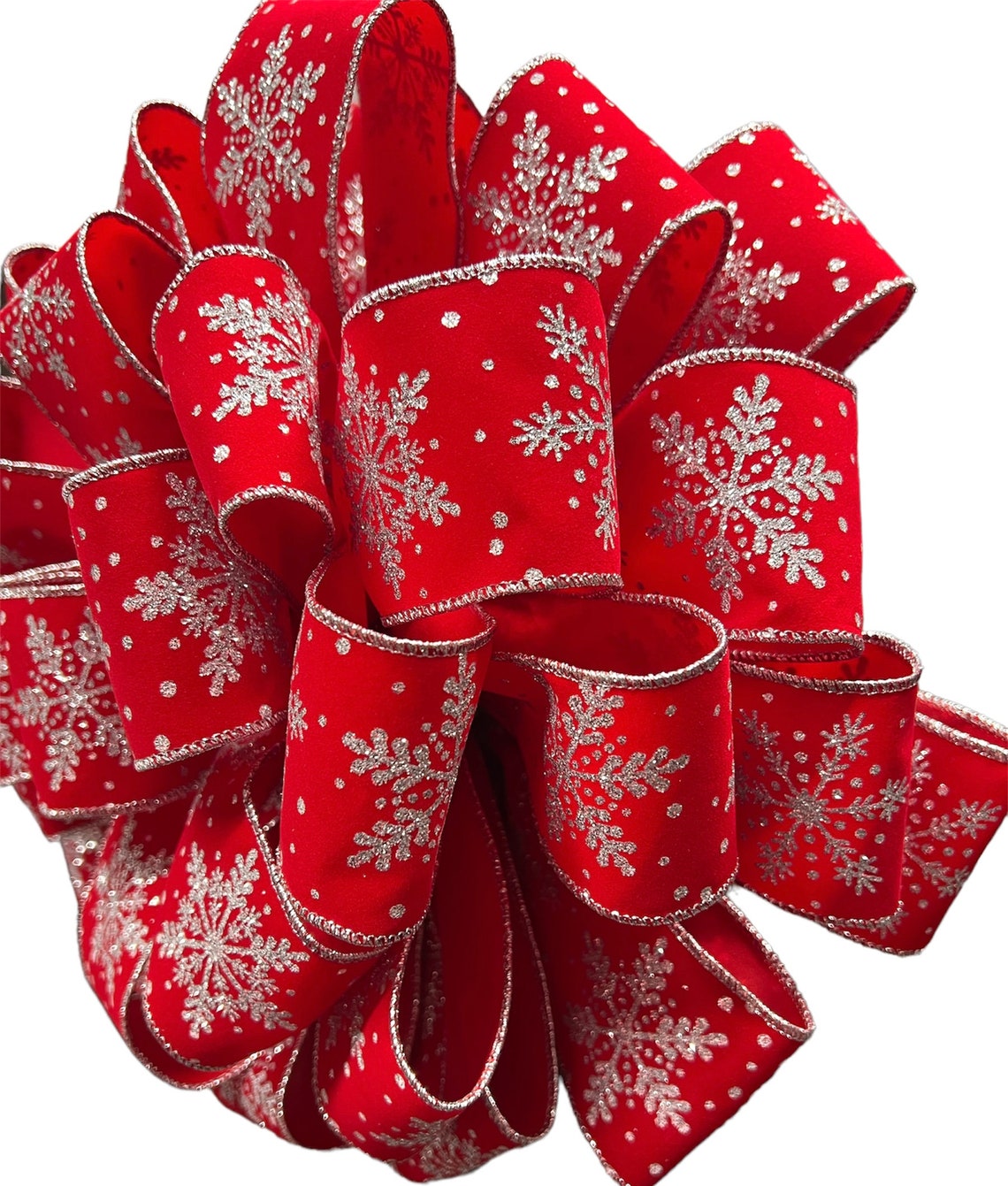 Red Velvet With Silver Glitter Snowflakes Tree Topper Bow - Etsy