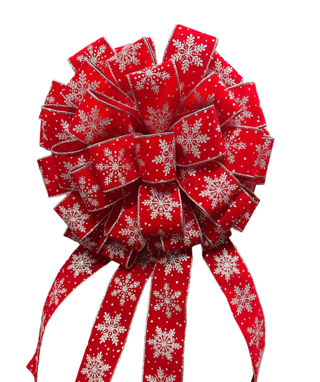 Red Velvet With Silver Glitter Snowflakes Tree Topper Bow - Etsy
