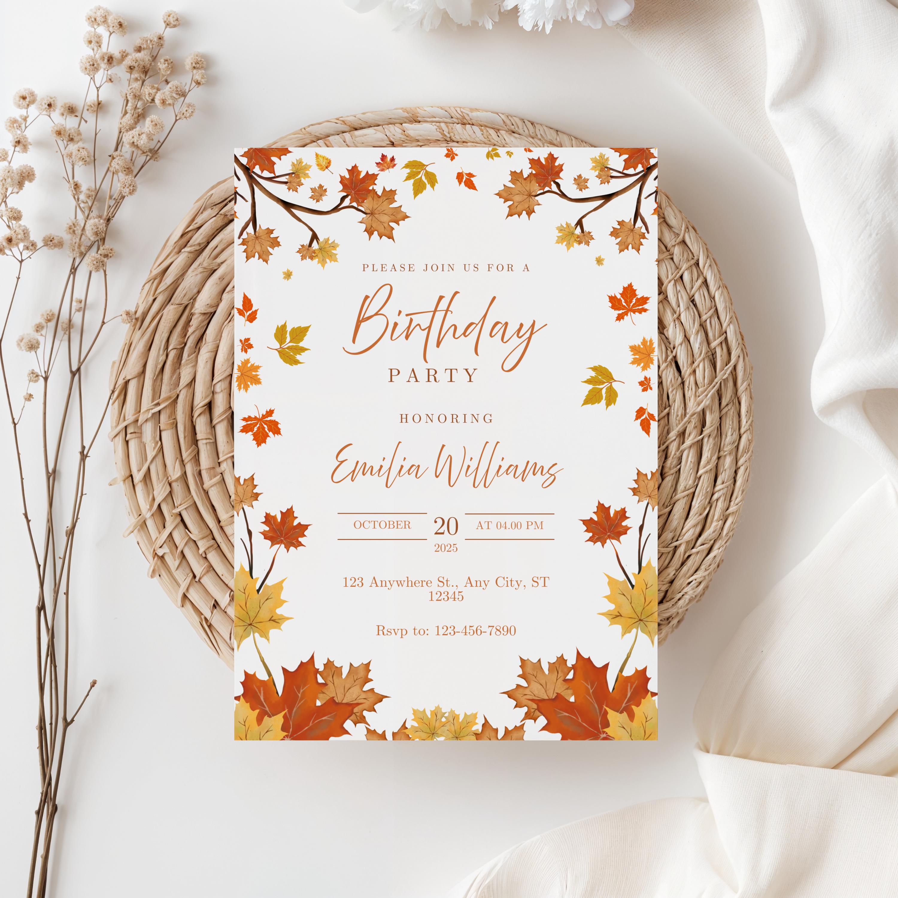Fall Birthday Invitation, Autumn Birthday Party Invite, Rustic Editable ...