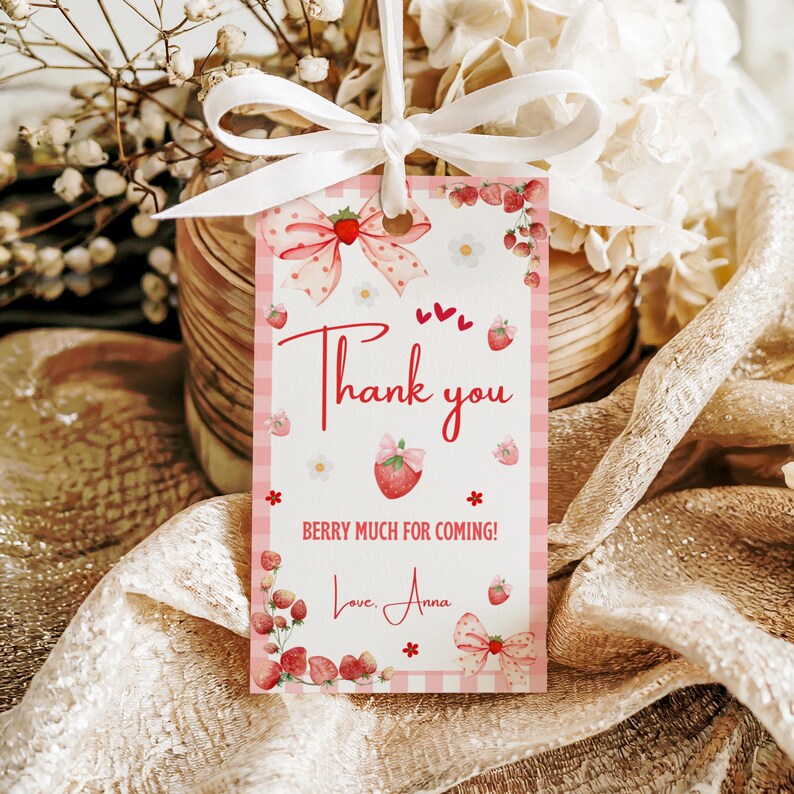 Berry First Birthday Thank You Tag, Editable Strawberry Favor Tag ...