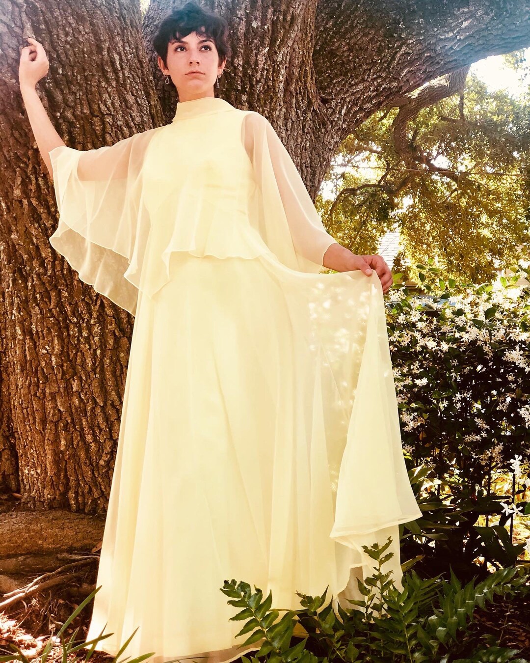 1960s / 1970s Yellow Chiffon Old Hollywood Formal Mike Benet Maxi Dress ...