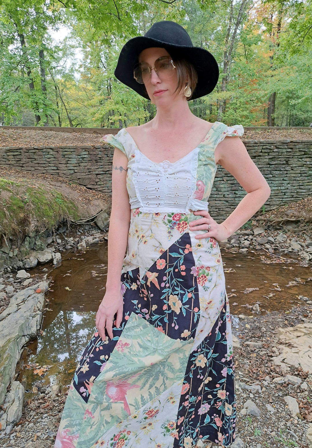 1970's Patchwork Gown/boho Hippie /birds With Floral Design/ Young ...