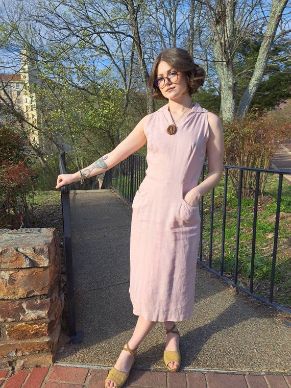 1940's Pale Pink Pocket Dress/Pastel Cotton Material/… - Gem