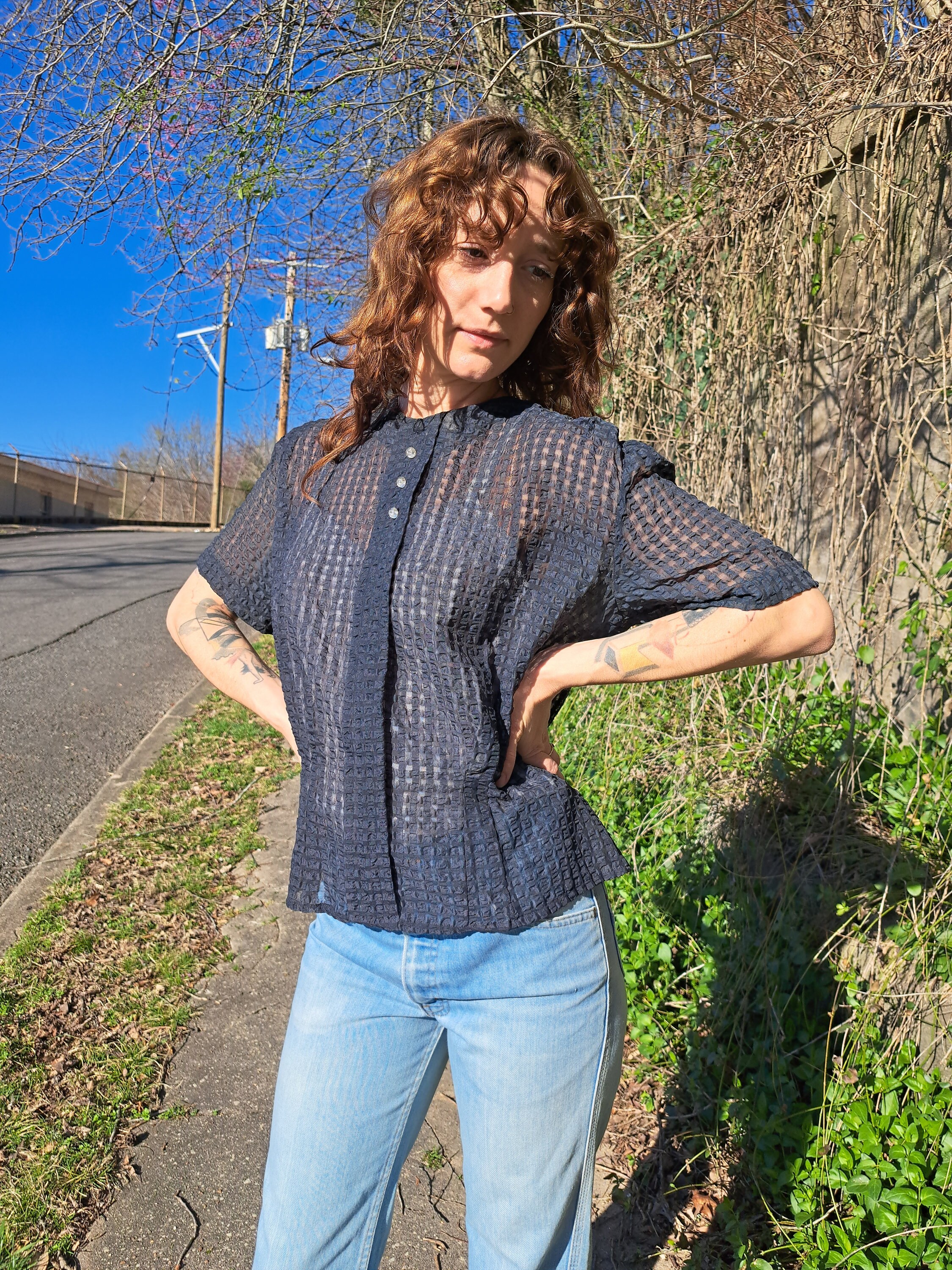 1940's Sheer Navy Blue Blouse/ Back Button Down Closure/decoative ...