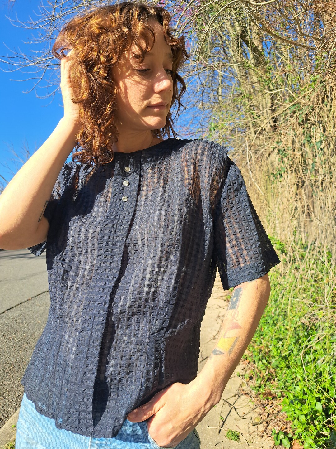 1940's Sheer Navy Blue Blouse/ Back Button Down Closure/decoative ...
