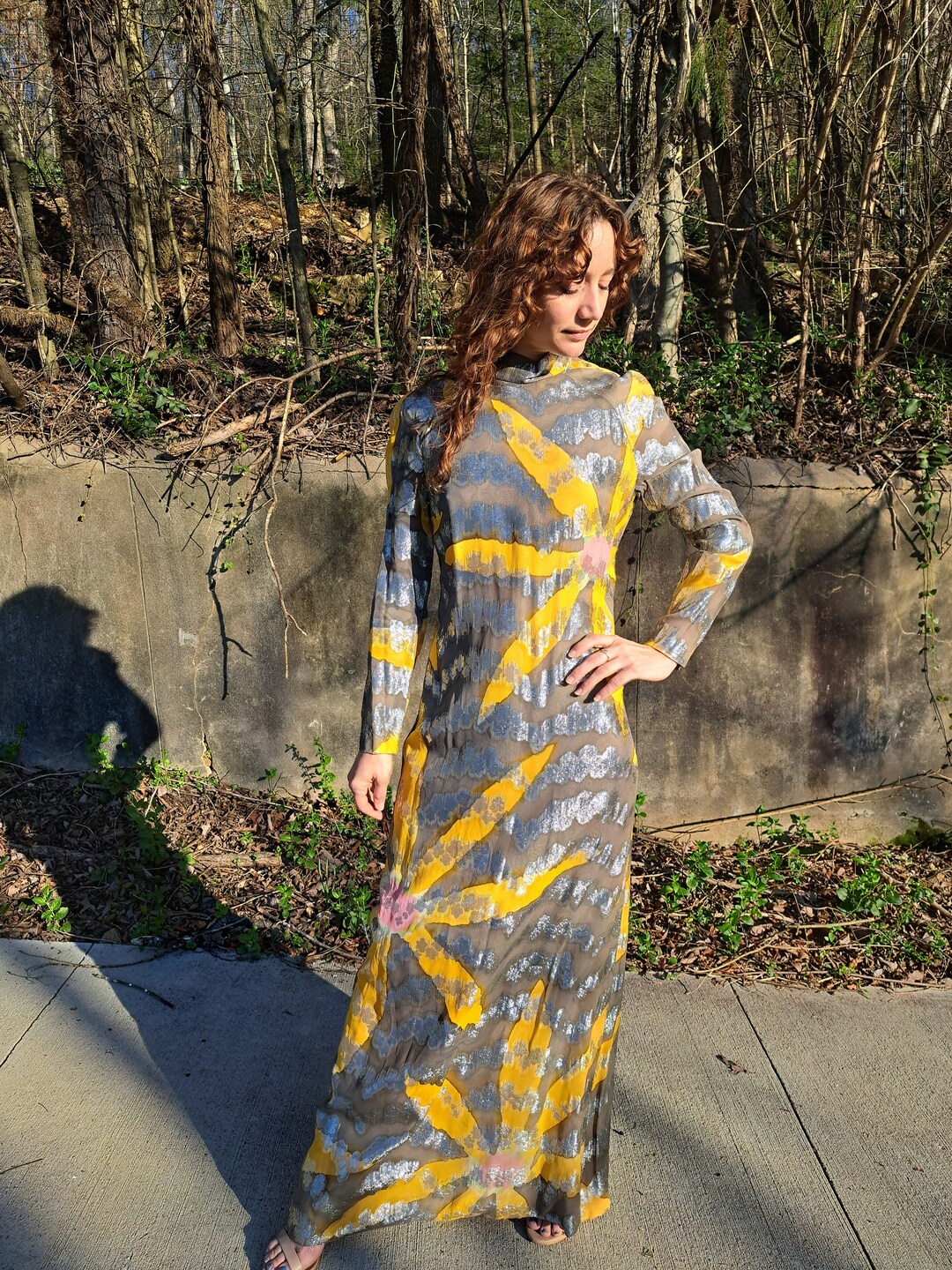 1960's/1970's Shimmer Gown /floral Pattern/psycadelic Silver Design ...