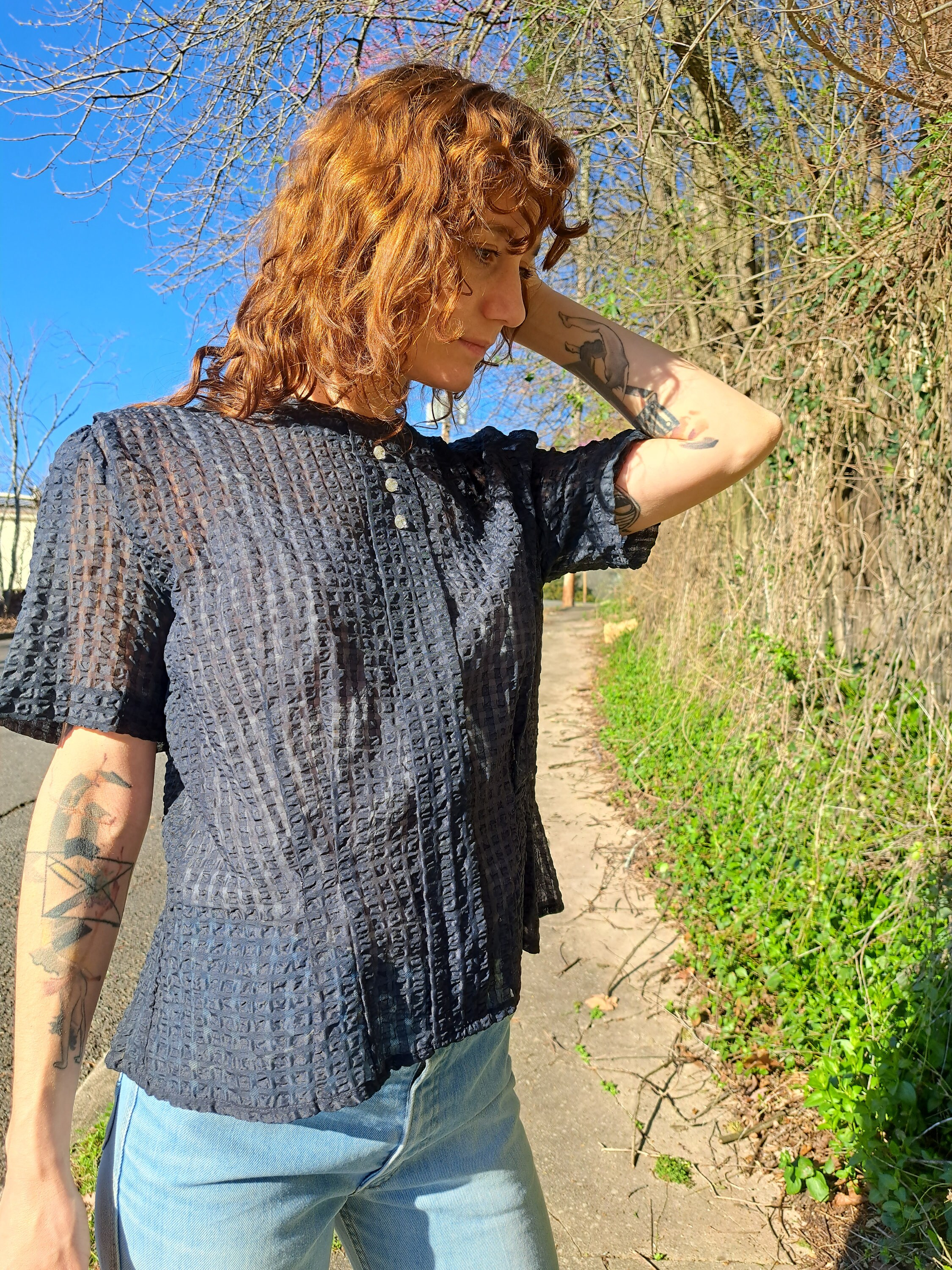 1940's Sheer Navy Blue Blouse/ Back Button Down Closure/decoative ...