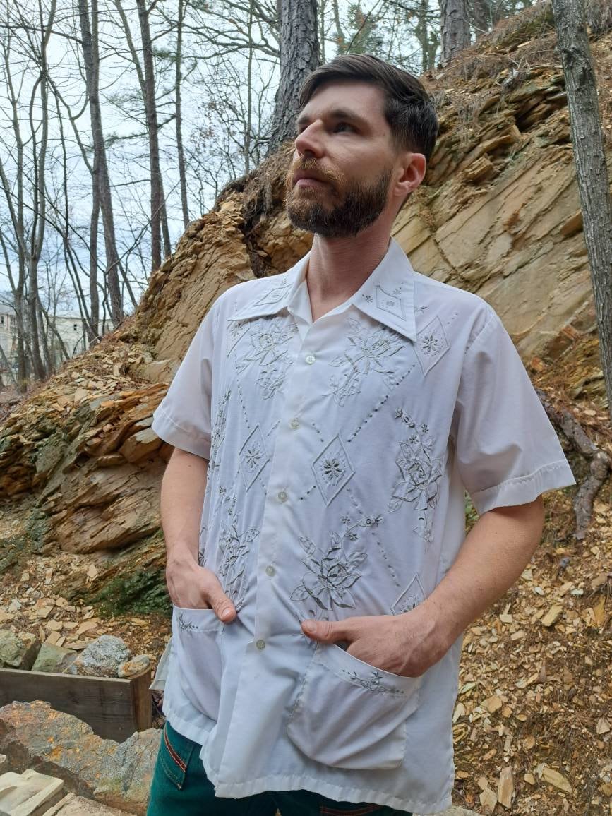 White Pocket Shirt/daffodil Brand Label/ Rose Stitch Hand Embroidery ...