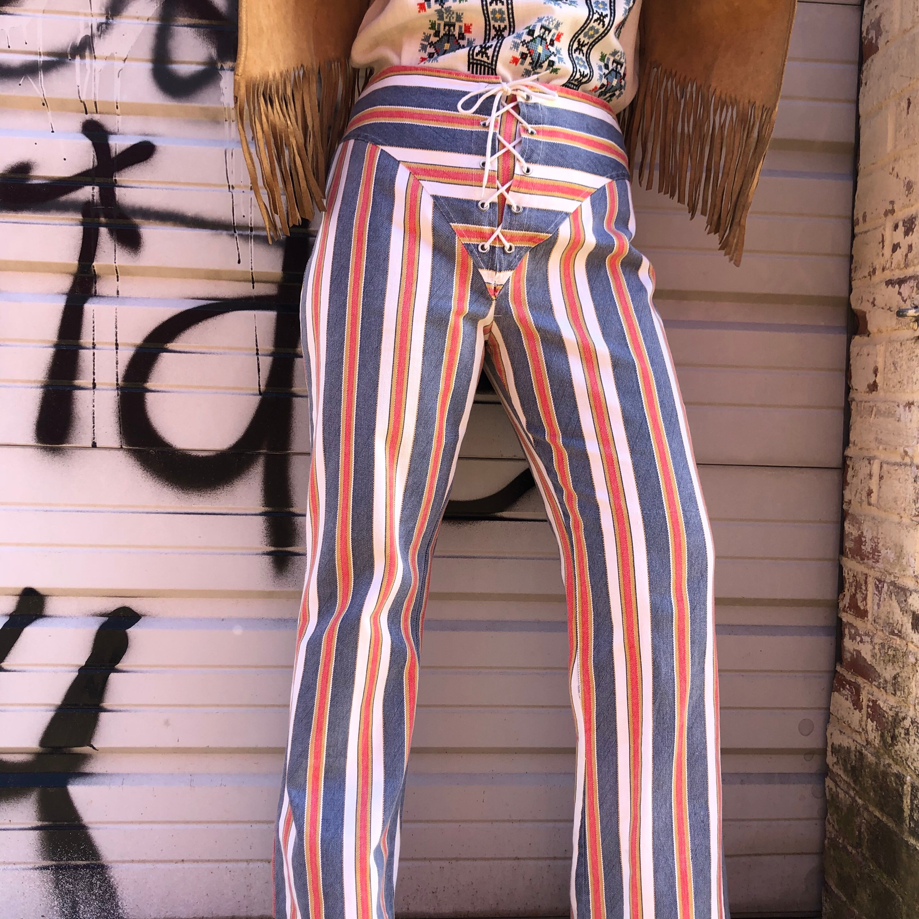 Stripe Hippie 1960s / 1970s Lace up Hip Hugger Bell Bottoms Stripe Hippie 1960s / 1970s Lace up Hip Hugger Bell Bottoms