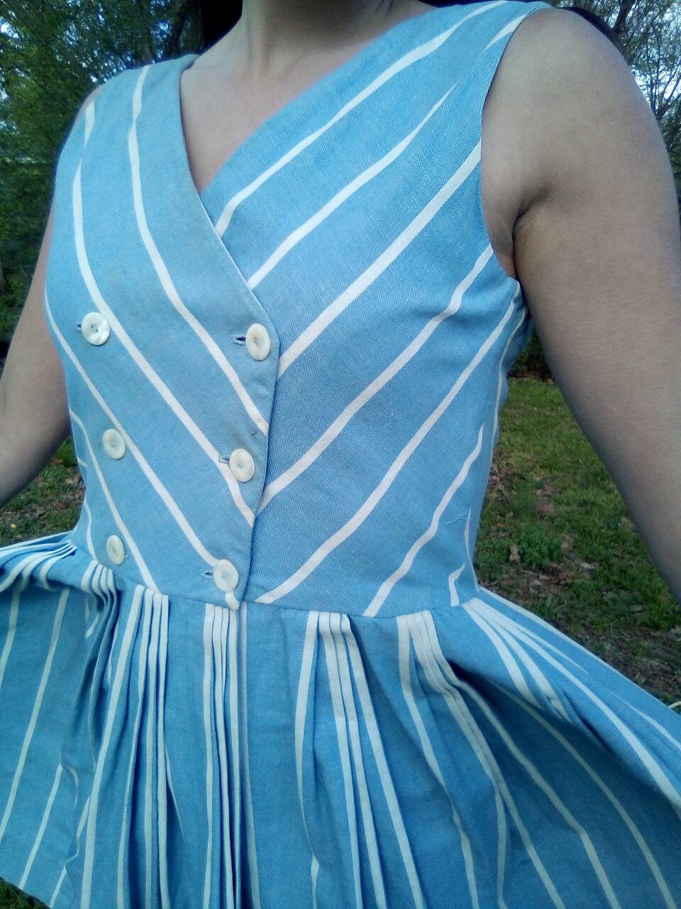 1950's Blue and White Striped Thick Cotton Sailor Dress 1950's Blue and White Striped Thick Cotton Sailor Dress