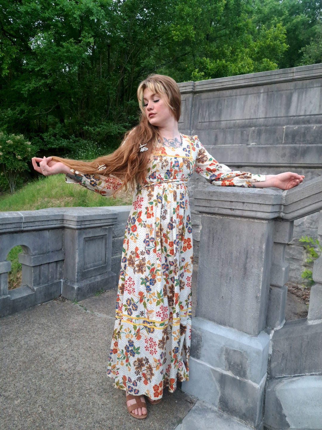 1970s Mindy Malone Prairie Fairy Gown/ Vintage Boho/ Birds /flowers ...
