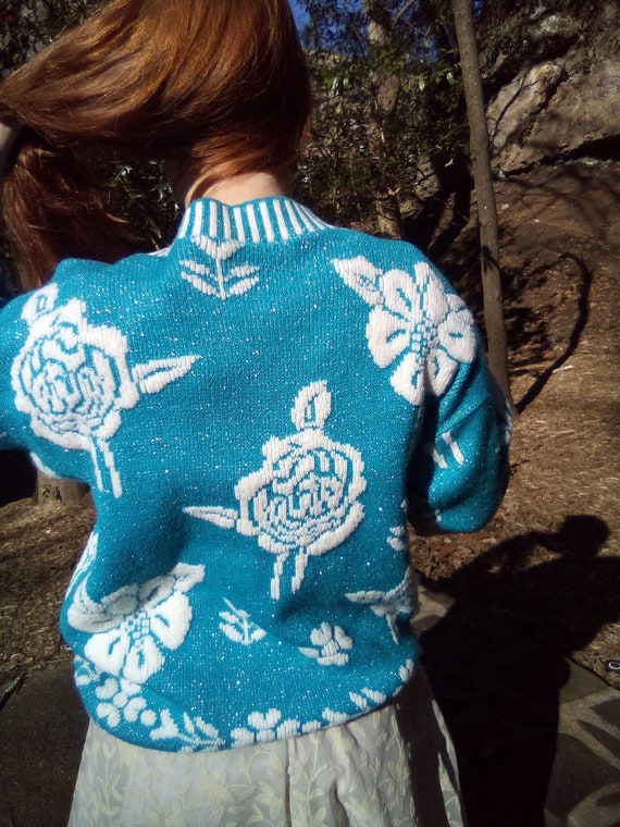 1980's Blue Sparkle Thread with White Roses Sweater - Gem