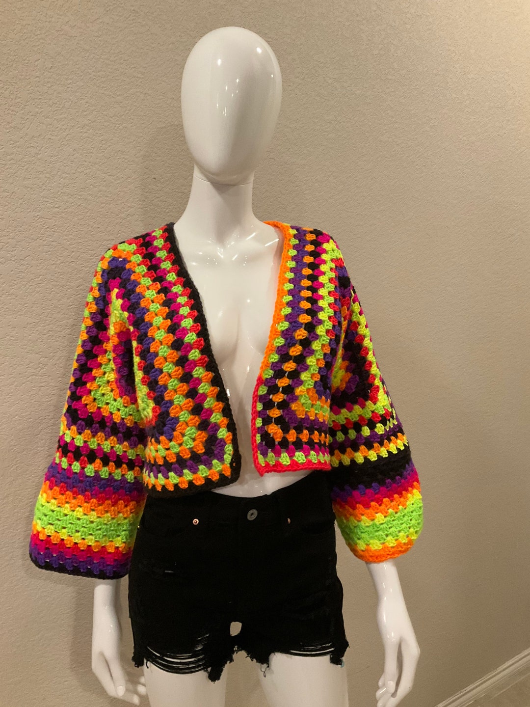 Neon Reflective Cardigan/rave Wear/hexagonal Cardigan/crochet Handmade ...