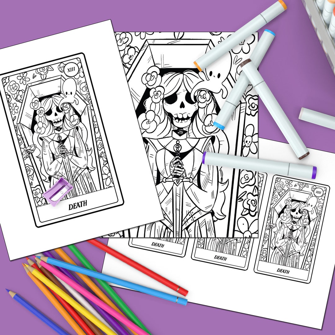 Death Tarot Card Coloring Page Skull and Flower Line Art Printable ...
