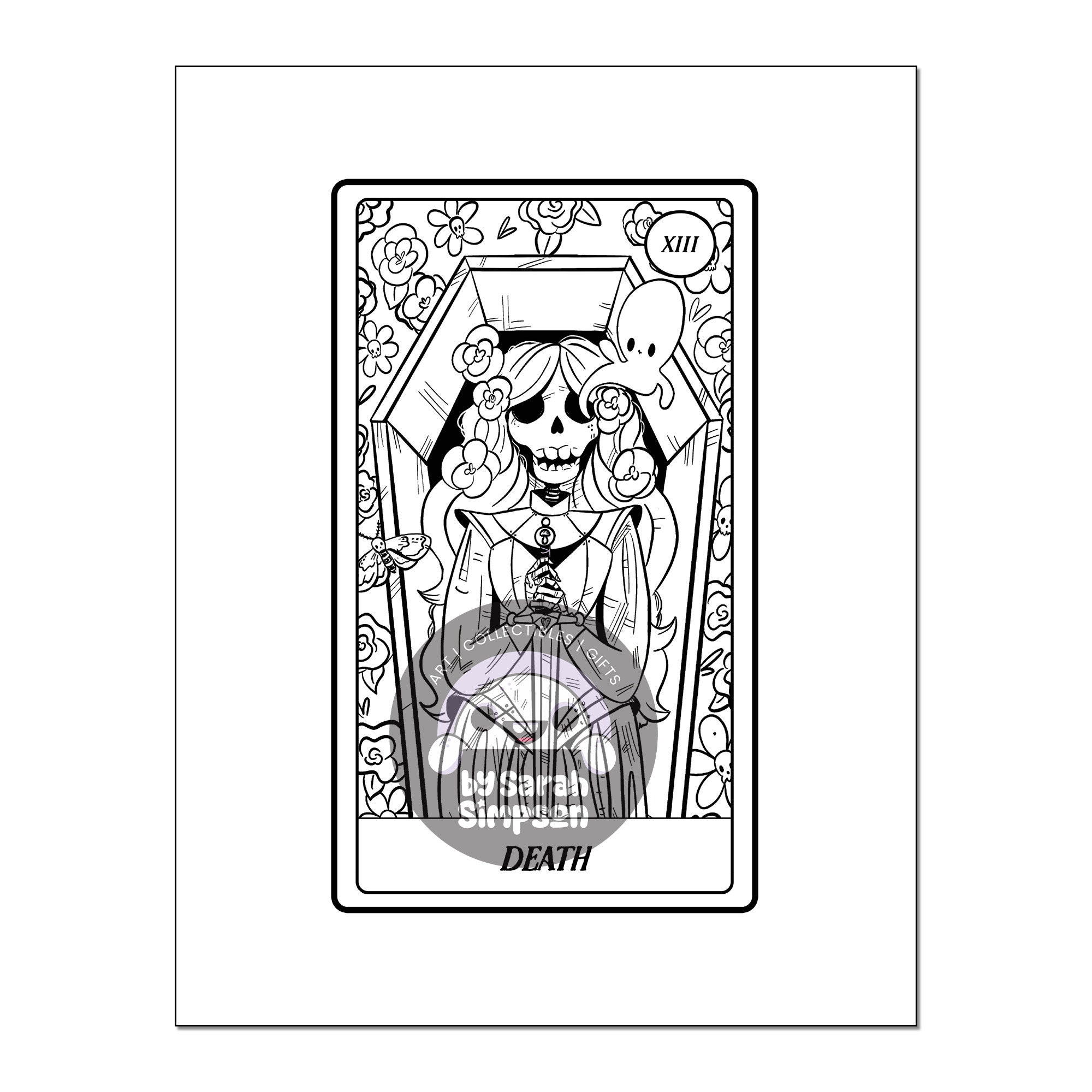Death Tarot Card Coloring Page Skull and Flower Line Art Printable ...