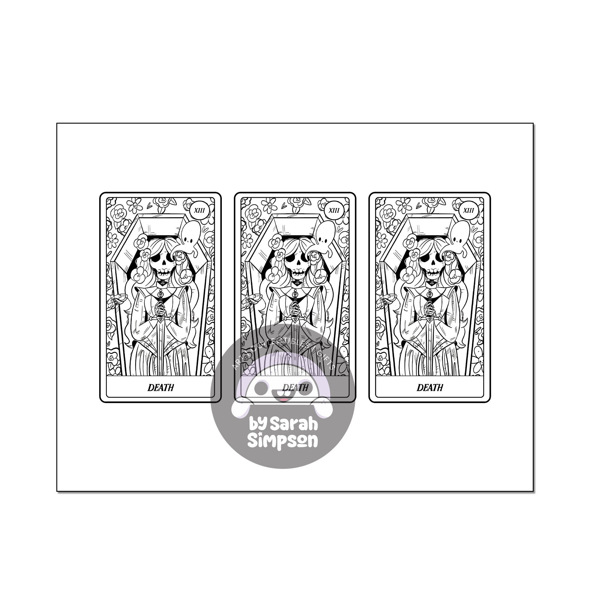 Death Tarot Card Coloring Page Skull and Flower Line Art Printable ...