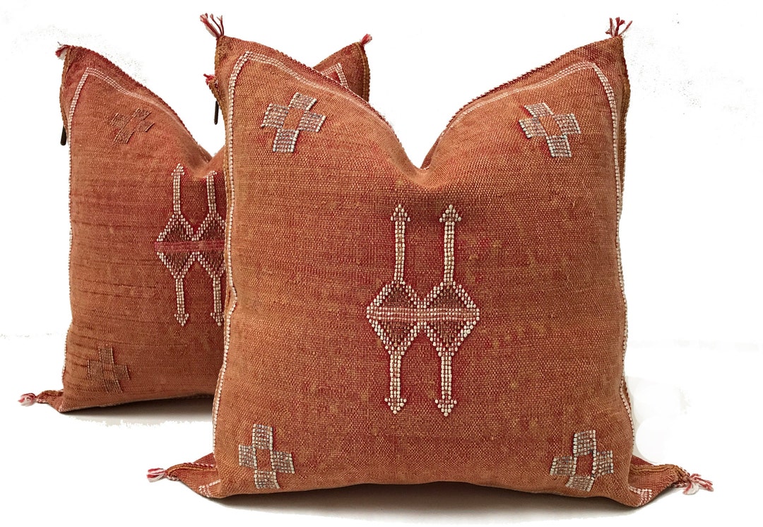 Handwoven Moroccan Sabra Pillow Cover: Orange Brown Cactus Silk, 20"x20 ...