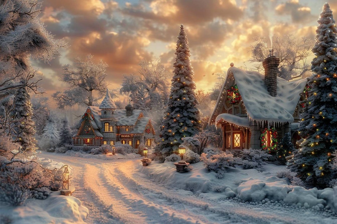 Snowy Christmas Village Scene Decoration Canvas Picture Print Framed ...